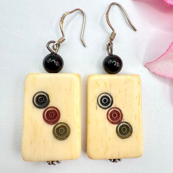 Vintage | Jewelry | Vintage Bone Majong Tile Dangle Earrings Spiral ...